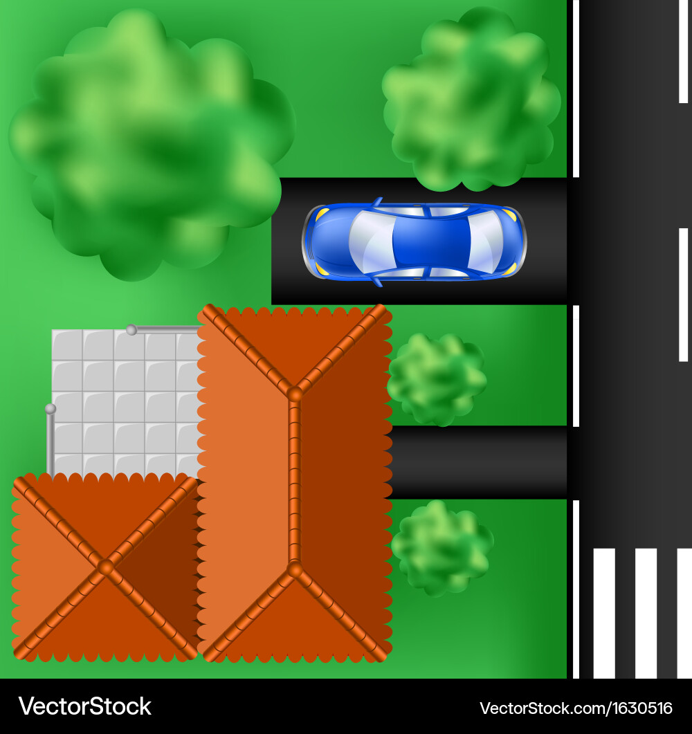 House from top view with car and road Royalty Free Vector