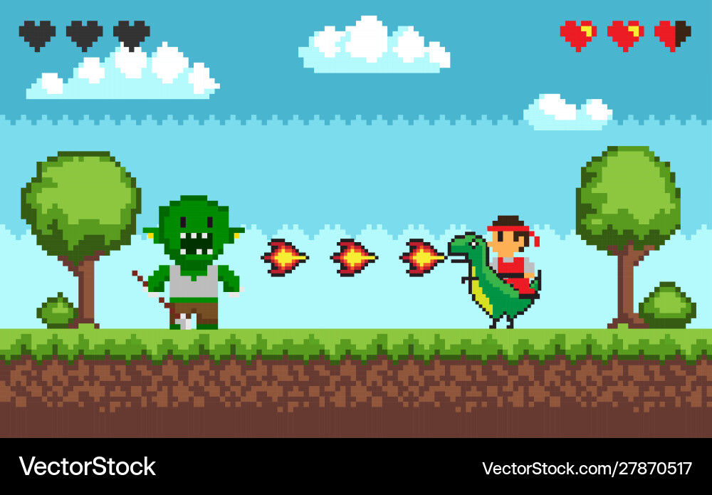 Pixel fight troll monster and characters Vector Image