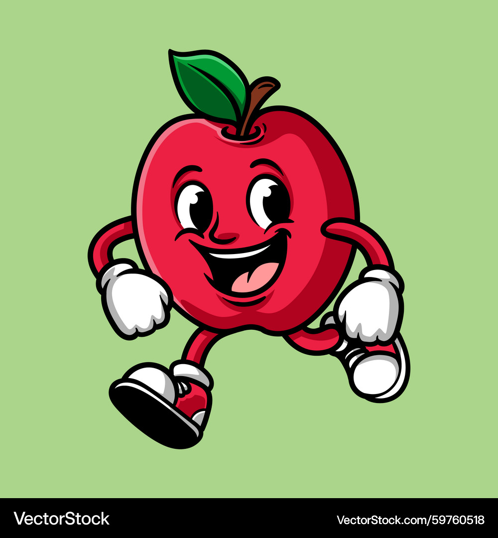 Funny cute running apple colored cartoon character