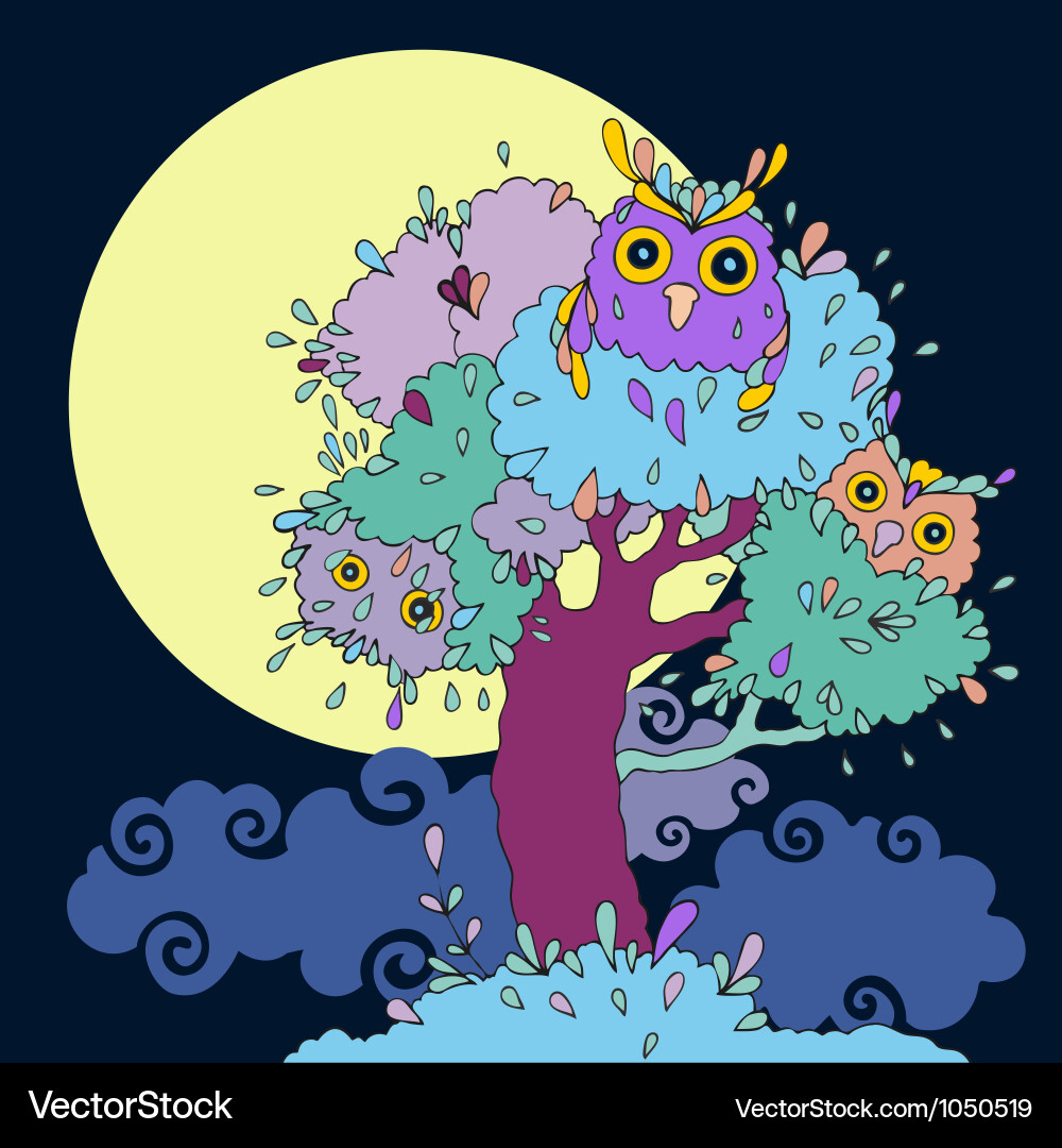 Owls in tree funny cartoon Royalty Free Vector Image