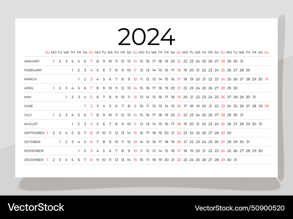 2024 calendar linear horizontal calender template Vector Image