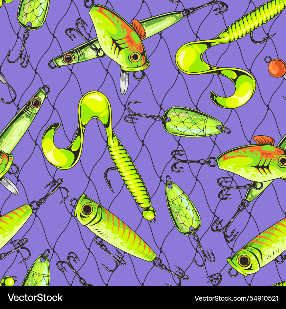 Colorful fishing lures on vibrant backdrop Vector Image