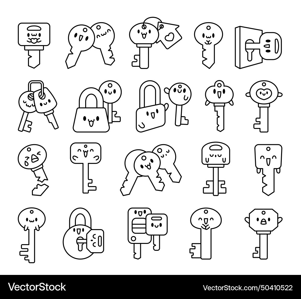 Cute kawaii key coloring page Royalty Free Vector Image