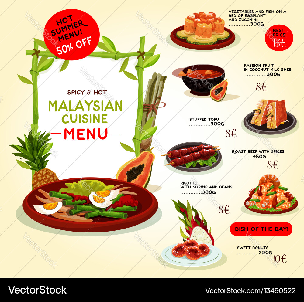 Malaysian cuisine restaurant menu template design Vector Image