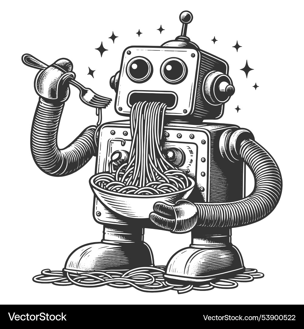 Robot eating spaghetti engraving sketch Royalty Free Vector