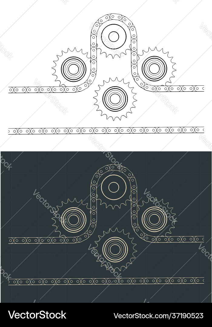 Chain drive and sprocket blueprints Royalty Free Vector