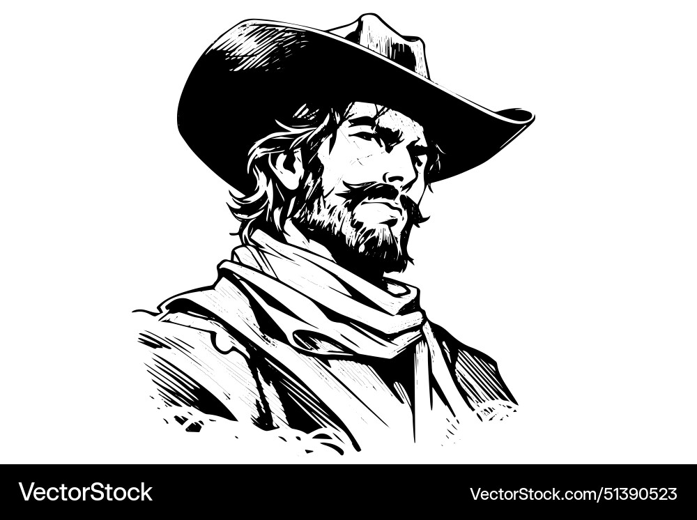 Cowboy bust or head on hat in engraving style Vector Image