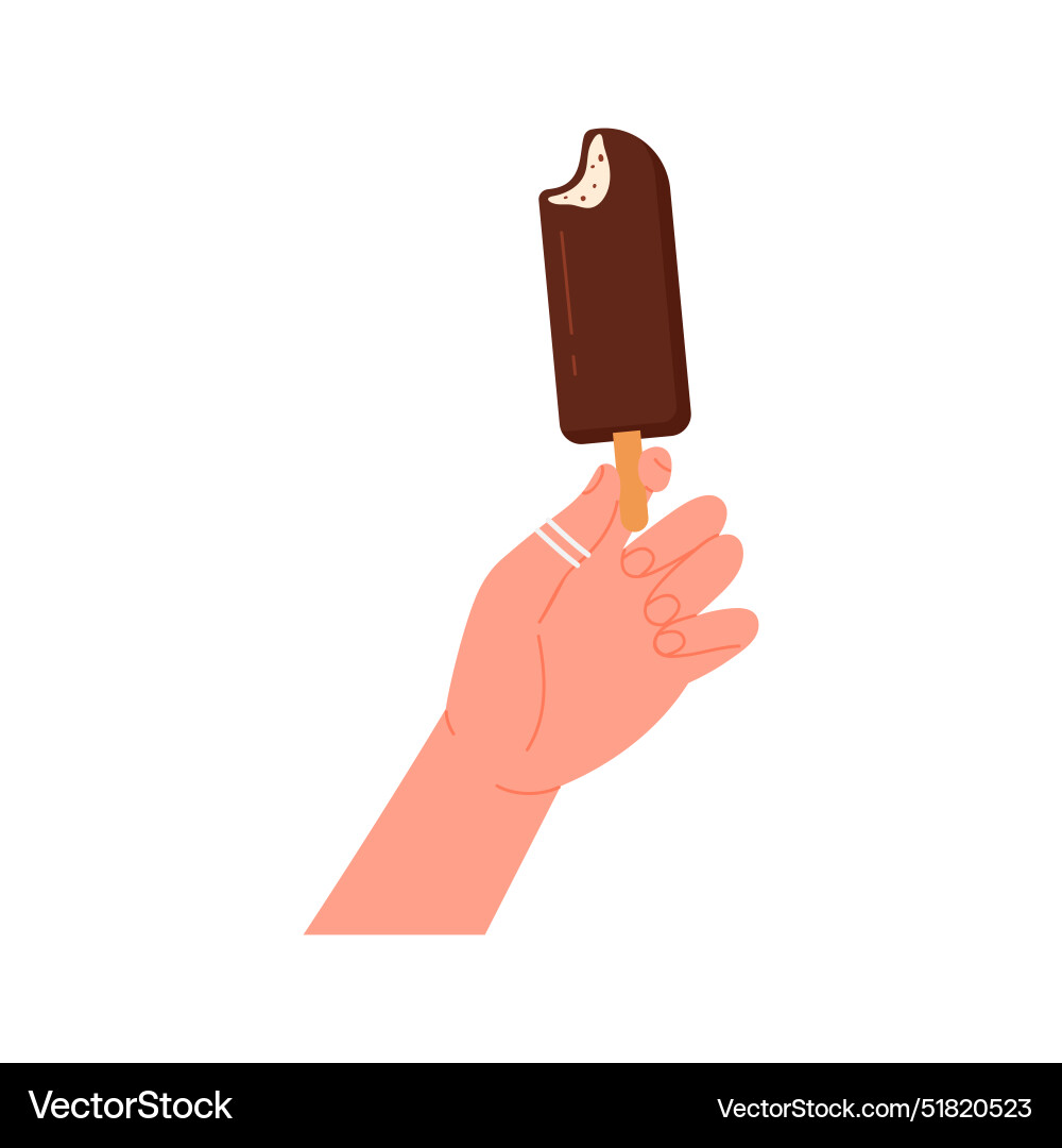 Hand holding chocolate popsicle on stick to bite Vector Image