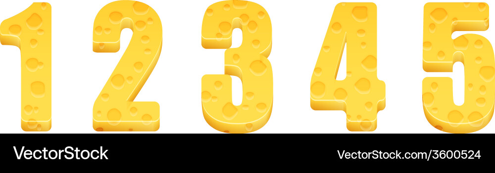 Cheese alphabet set numbers 1-5 Royalty Free Vector Image