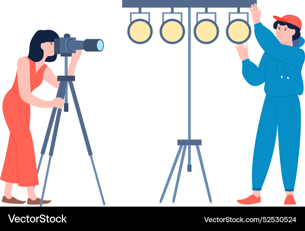 Professional camera operator and scene light Vector Image