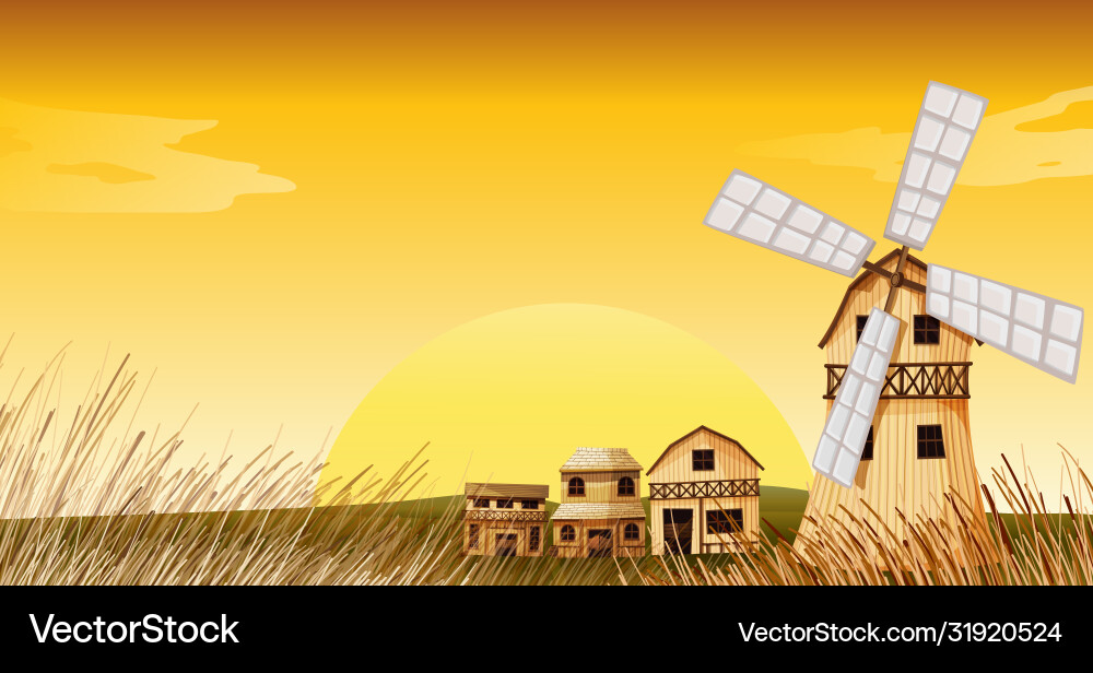 Windmill in yellow farm scene background Vector Image