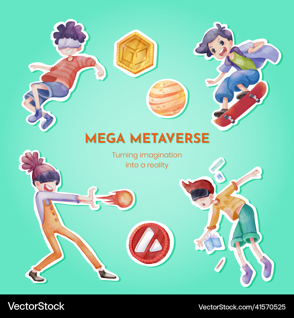 Sticker Vorlage mit Metaverse Technologie Vektorbild