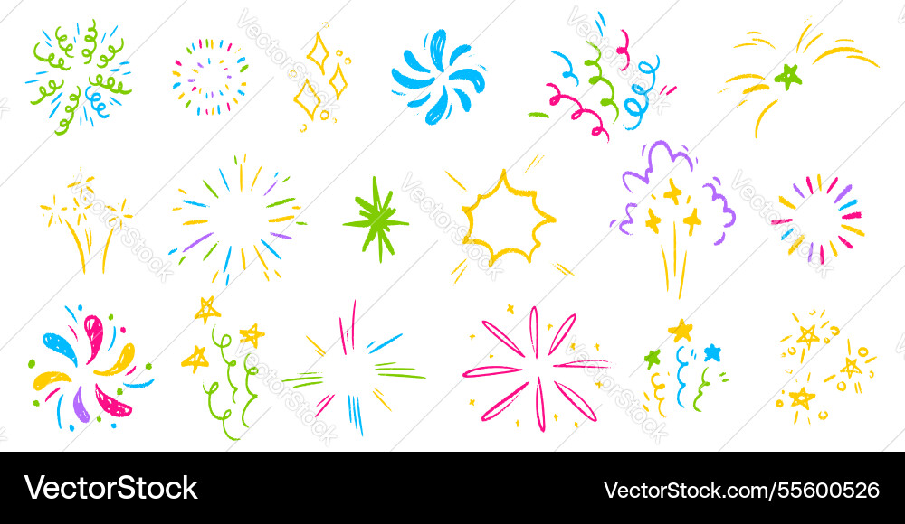 Crayon and scribble firework set Royalty Free Vector Image