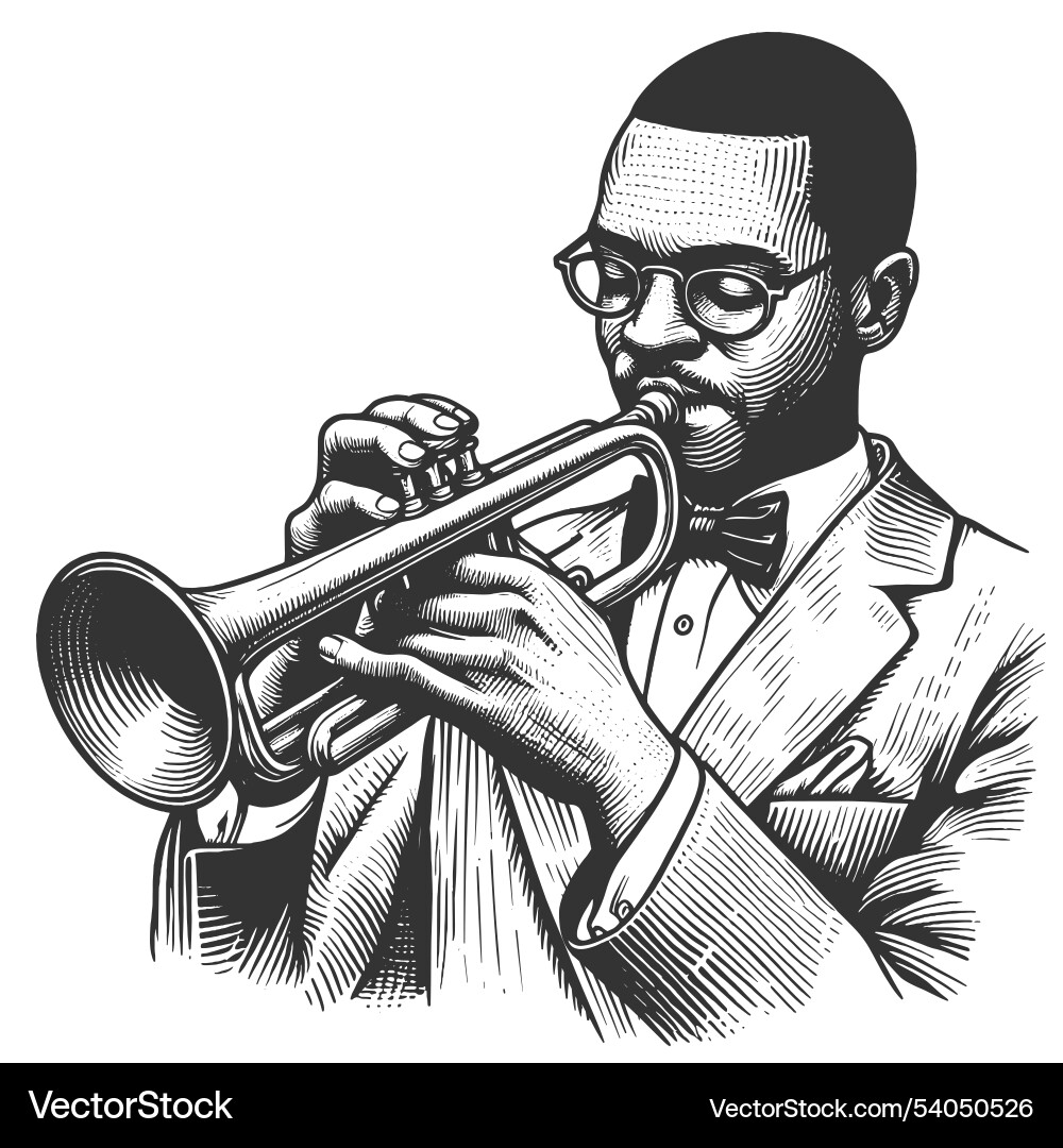 Jazz trumpet player engraving Royalty Free Vector Image