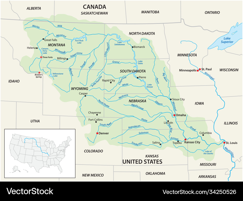 Map missouri river basin usa united Royalty Free Vector