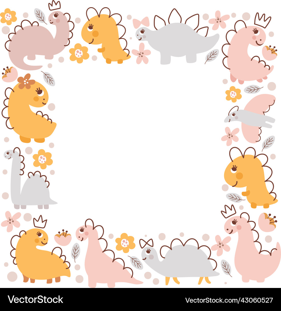Square dino girl frame with dinosaurs Royalty Free Vector