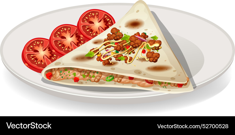 Tortilla with toppings and sliced tomatoes Vector Image