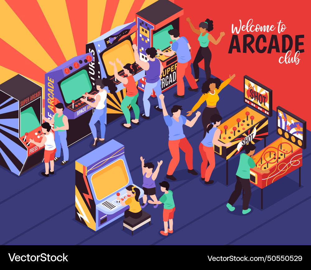 Arcade club isometric background Royalty Free Vector Image