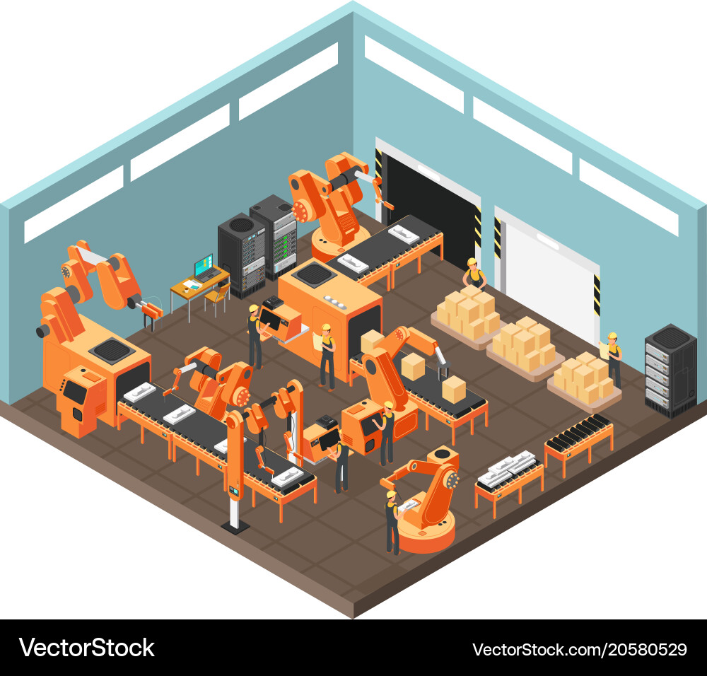 Isometric factory workshop with conveyor line Vector Image