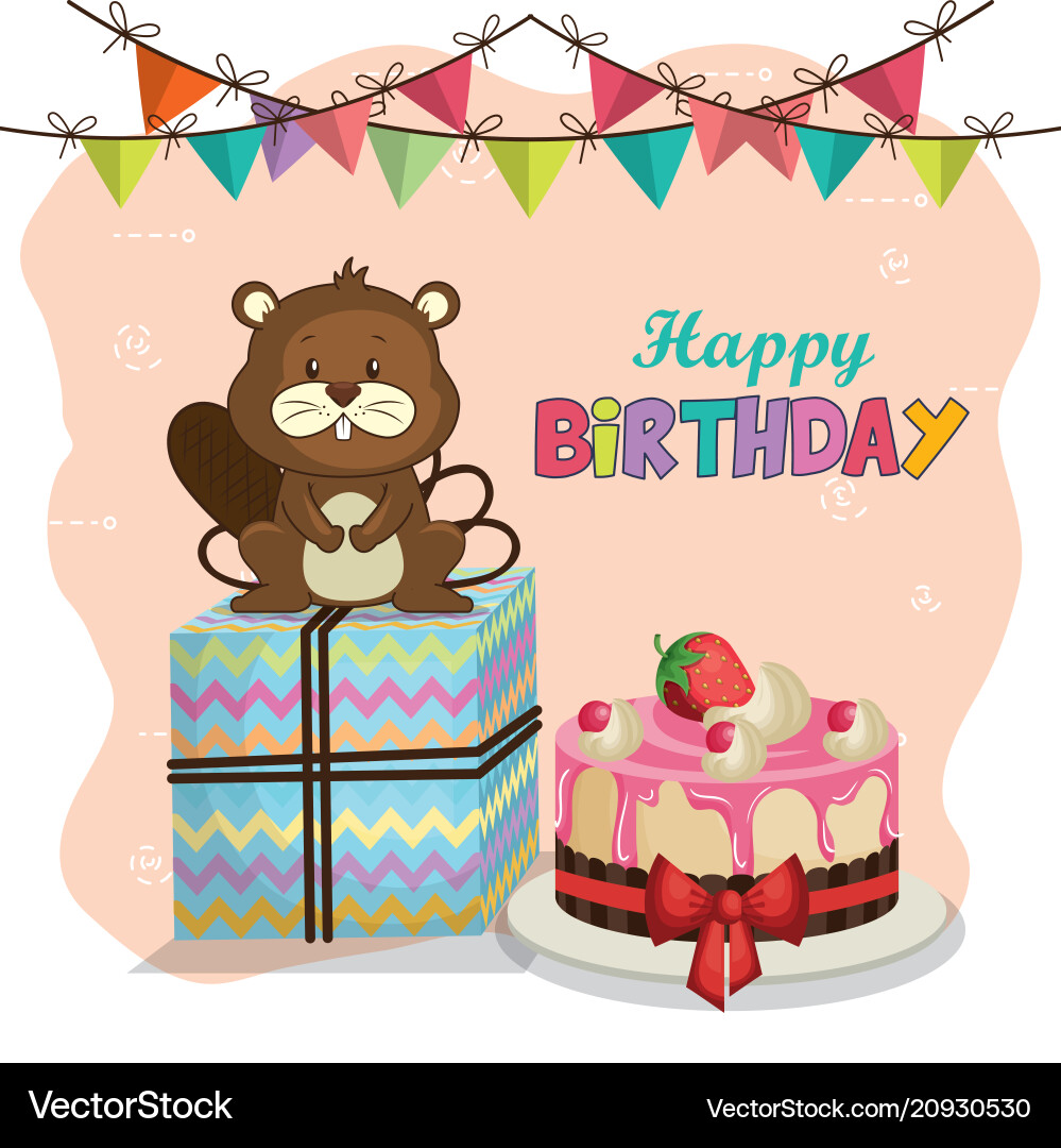 Happy birthday card with cute beaver Royalty Free Vector