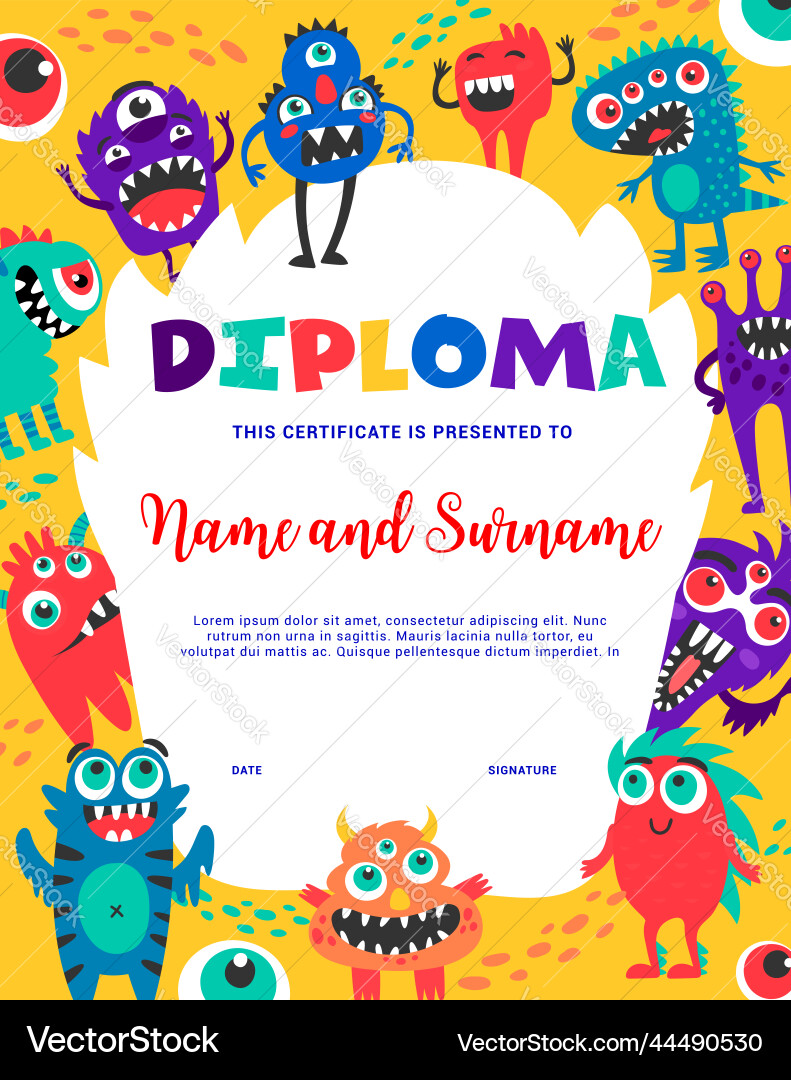 Kids diploma with funny monster characters Vector Image
