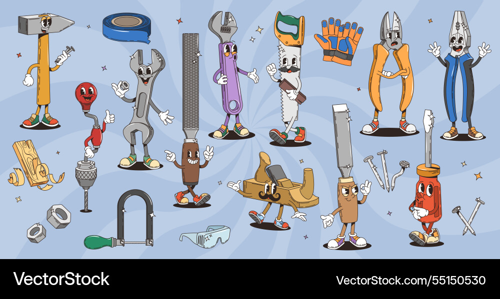 Retro groovy diy and repair tools characters set Vector Image