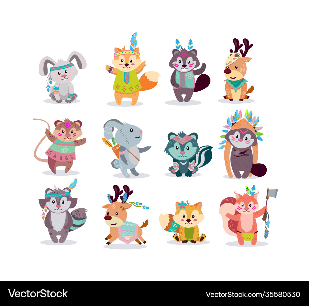 Woodland boho characters flat icon kit Royalty Free Vector