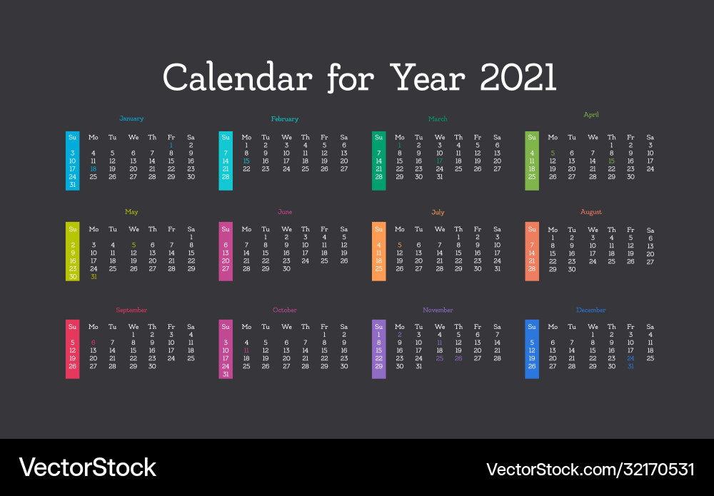 Calendar for 2021 year Royalty Free Vector Image