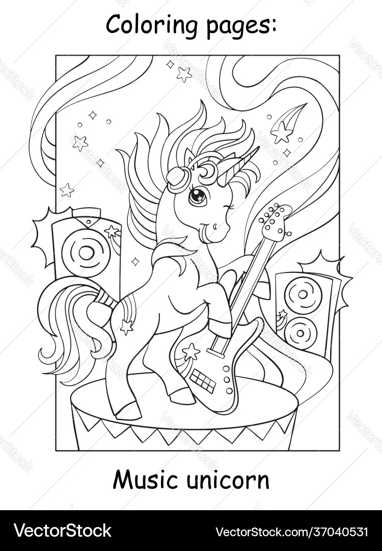 Coloring book page cool unicorn with guitar Vector Image