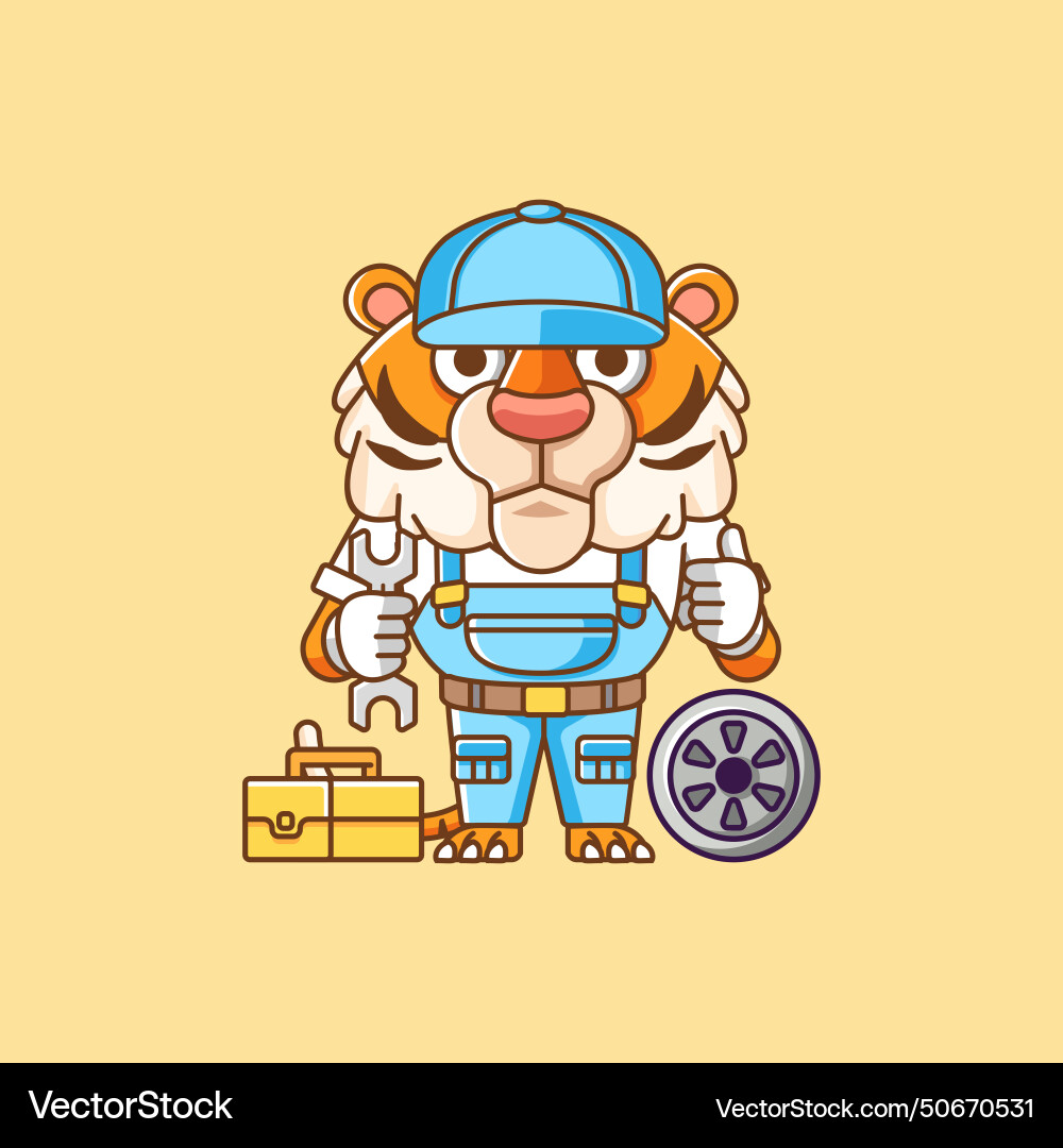 Cute tiger mechanic with tool at workshop cartoon Vector Image
