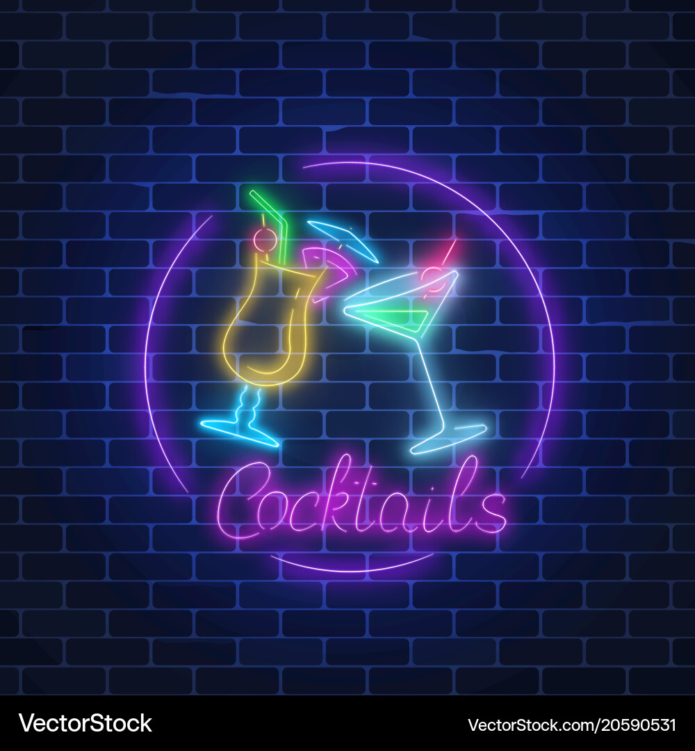 Neon cocktails bar sign in circle frame Royalty Free Vector