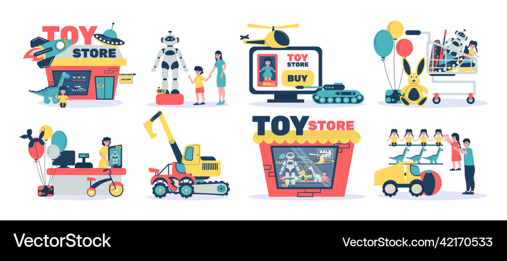 Flat toy store compositions Royalty Free Vector Image