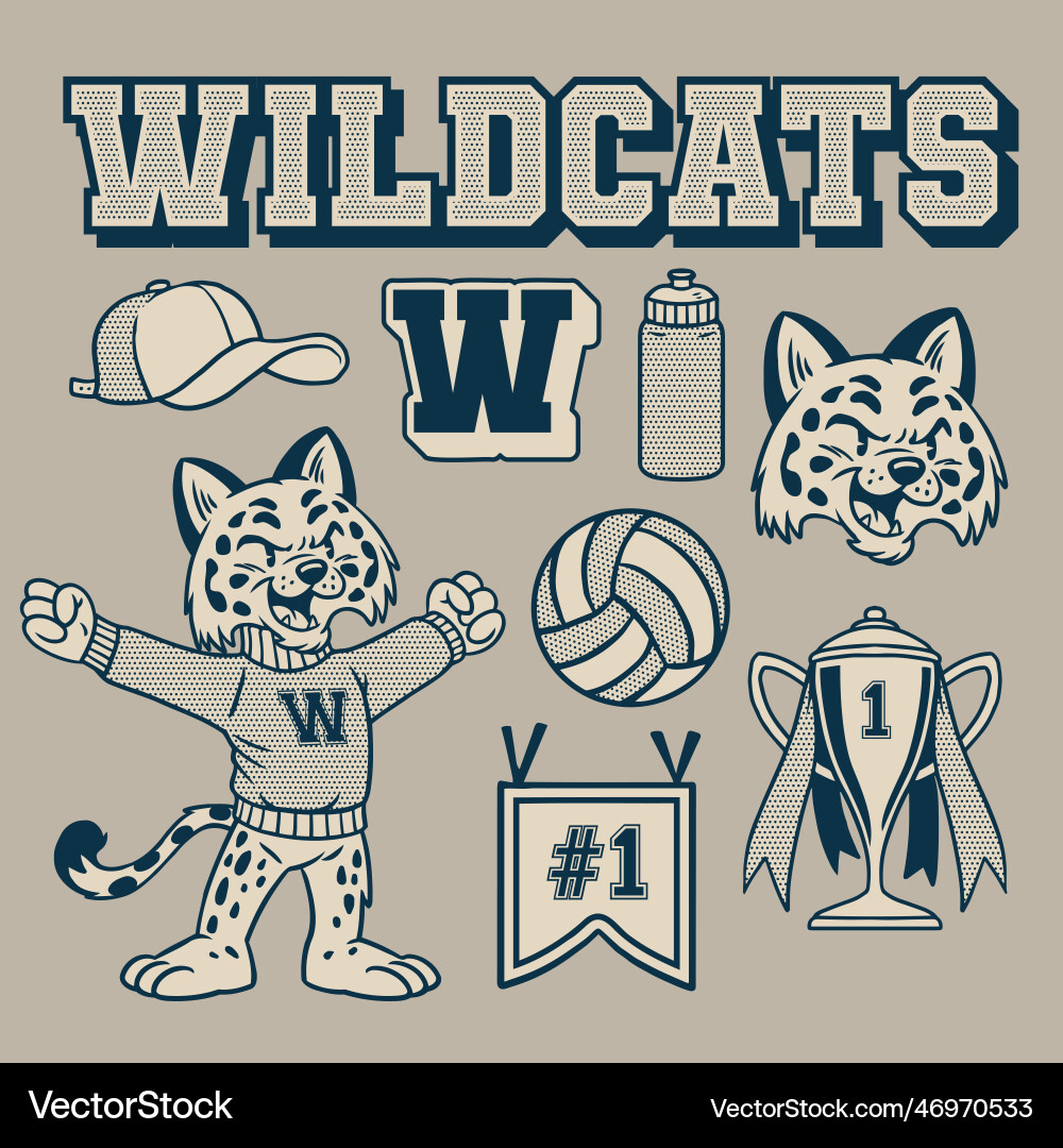 Wildcat mascot vintage hand drawn object set Vector Image