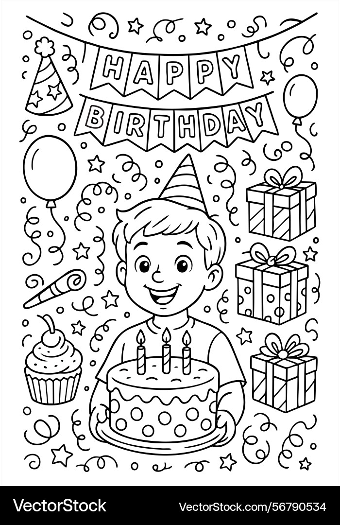 Birthday-themed coloring page Royalty Free Vector Image