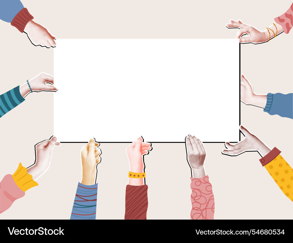 Hands holding blank poster mixed media collage Vector Image