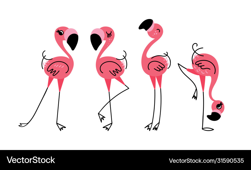 Süße Cartoon Flamingos Set Lizenzfreies Vektorbild