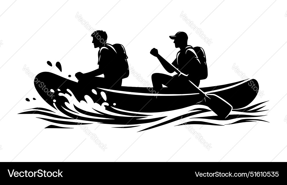 Silhouette of two people canoeing Royalty Free Vector Image