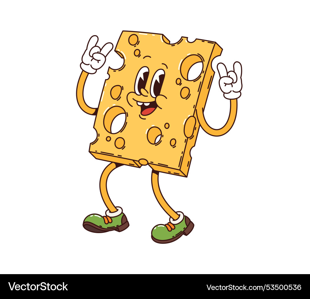 Cheese retro groovy cartoon breakfast character Vector Image
