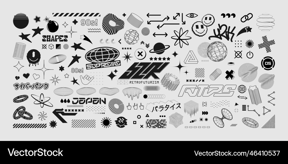 Retrofuturistic y2k rave trip elements set acid Vector Image