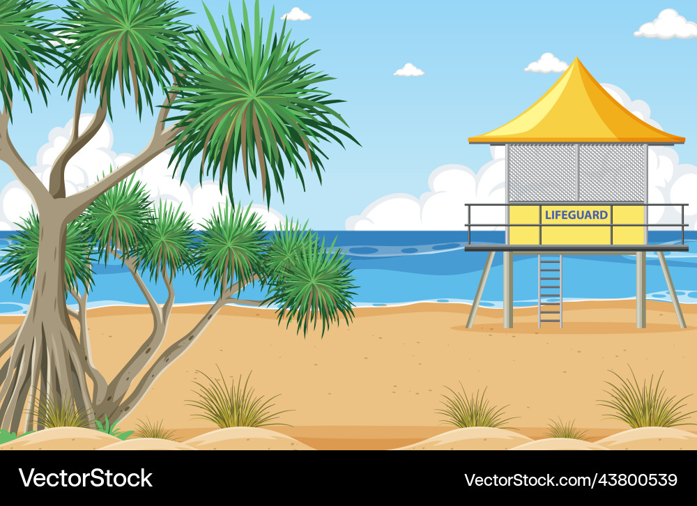 Beach scene with lifeguard tower Royalty Free Vector Image