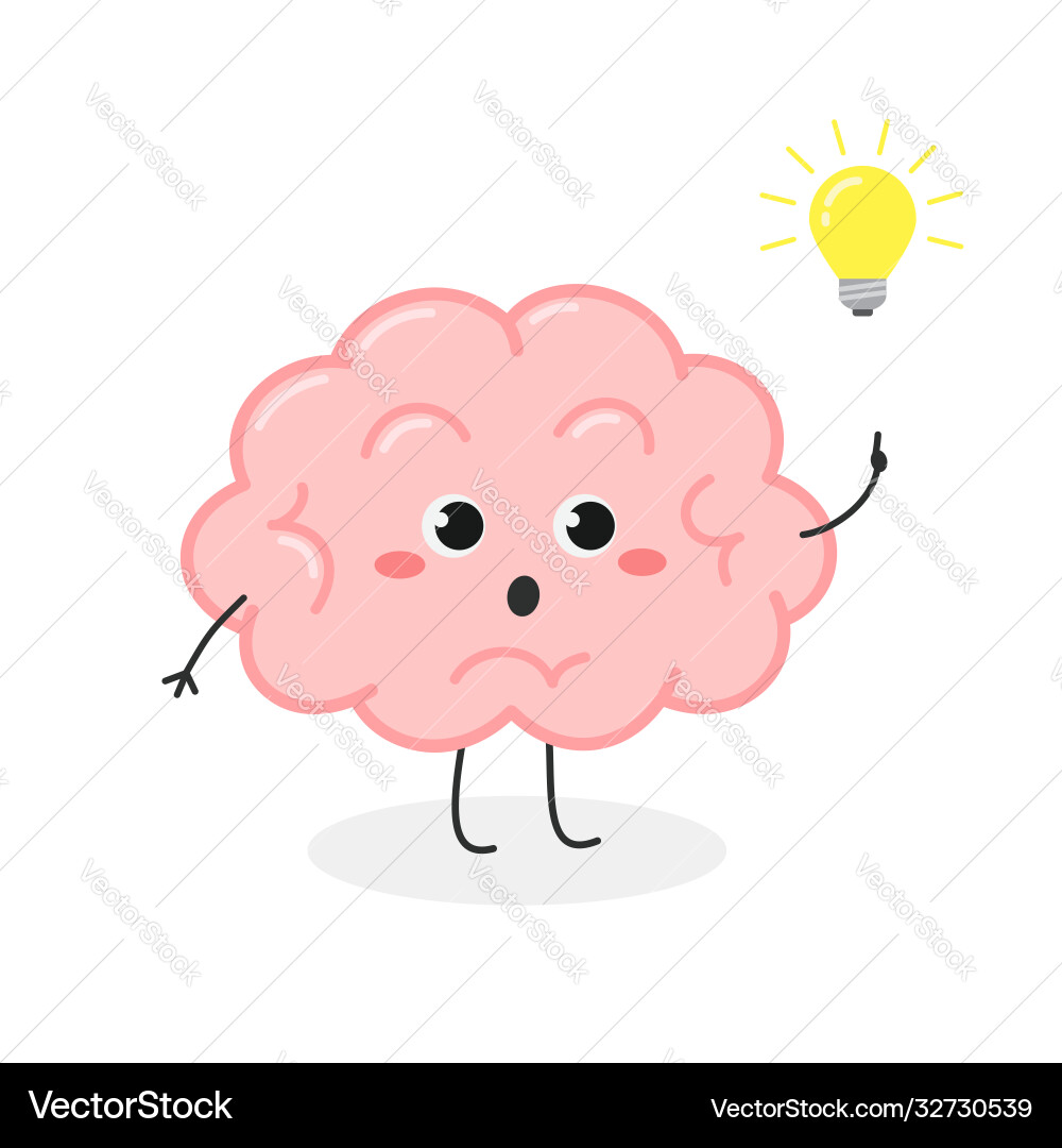 Cute funny brain cartoon character with lightbulb Vector Image