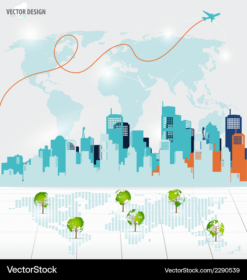 Tree shaped world map with building background Vector Image