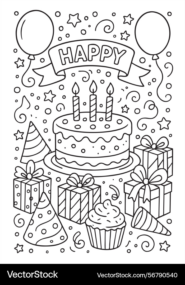 Birthday-themed coloring page Royalty Free Vector Image