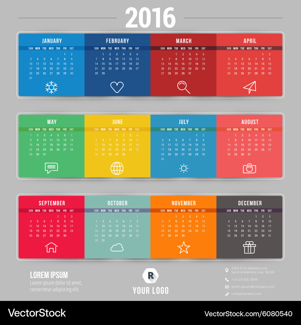Calendar template 2016 week starts sunday Vector Image