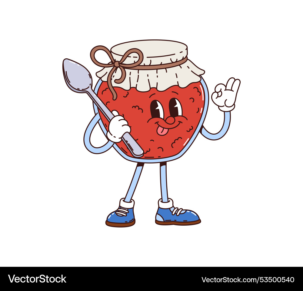 Jam jar retro groovy breakfast cartoon character Vector Image