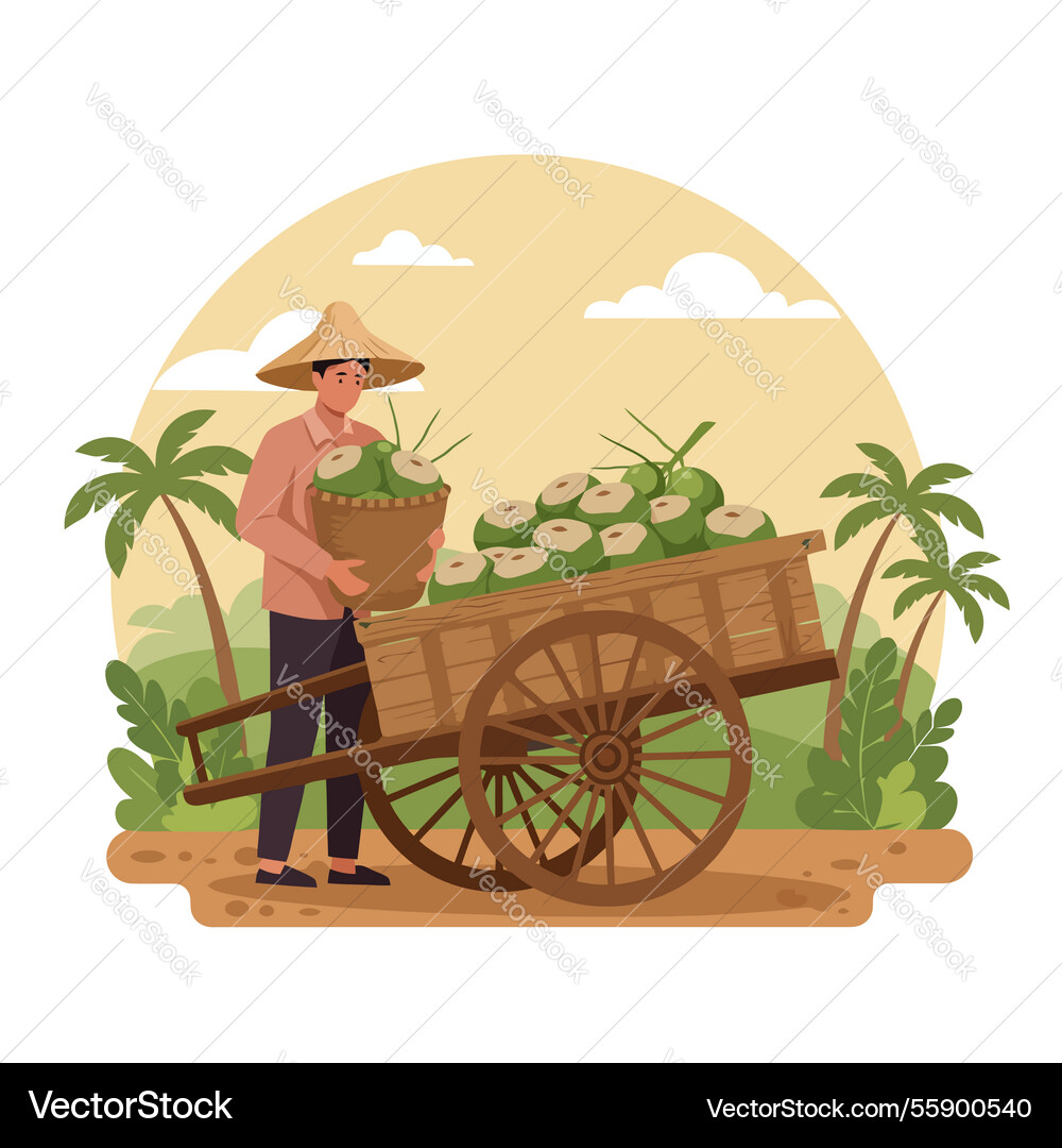 Man gathering coconuts with cart in tropical Vector Image