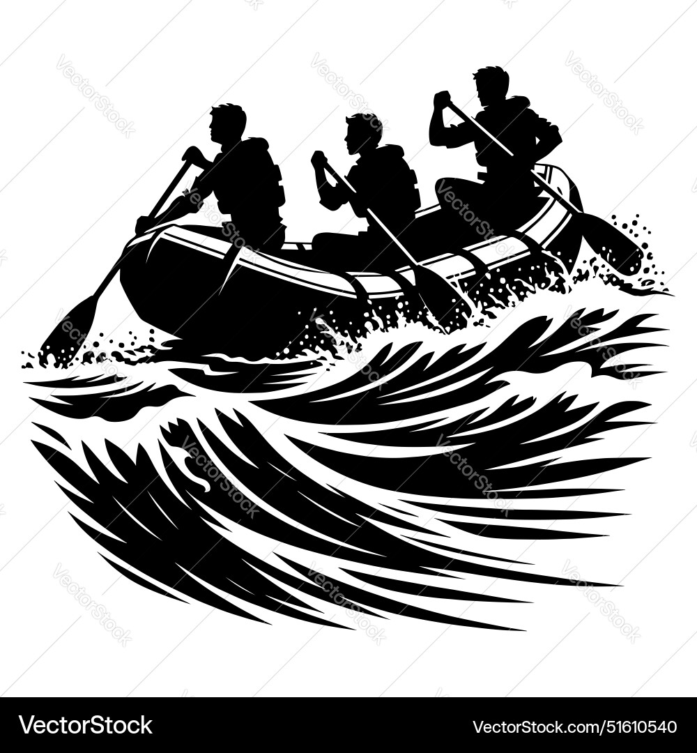Rafting team on river silhouette clip art Vector Image