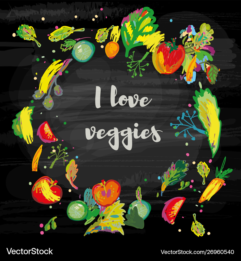 Vegetables background on blackboard - for vegan Vector Image
