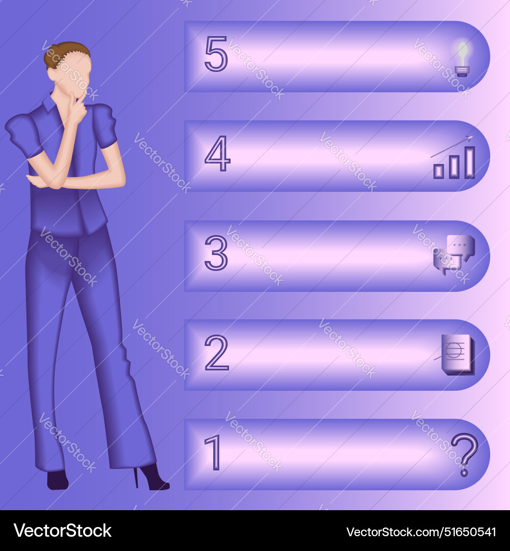 A woman uses 5 steps to identify problem 2d Vector Image