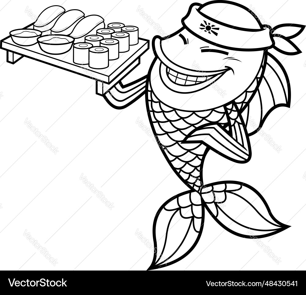 Outlined fish sushi chef cartoon character Vector Image